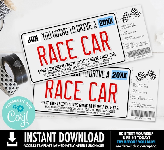Race Car Surprise Ticket Gift Voucher, License Plate Voucher, Vacation ...