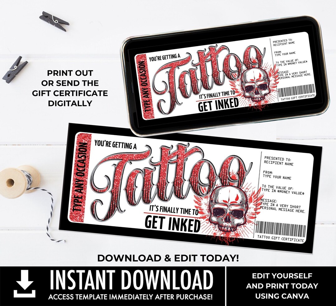 Skull Tattoo Gift Certificate, Red Glitter, Get Inked Gift Card Voucher ...