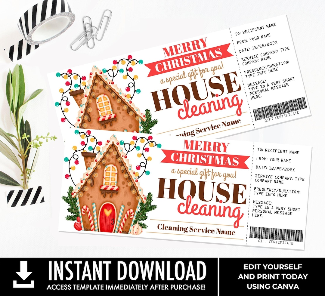 House Cleaning Christmas Gift Certificate, Maid Service, Gingerbread ...