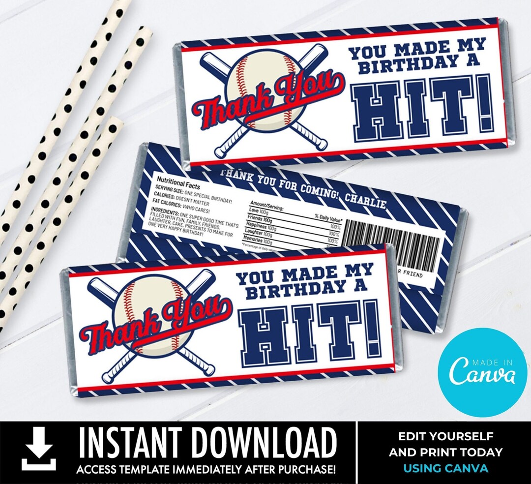 Baseball Candy Bar Label/wrapper, Baseball Birthday Party, Party Favor ...