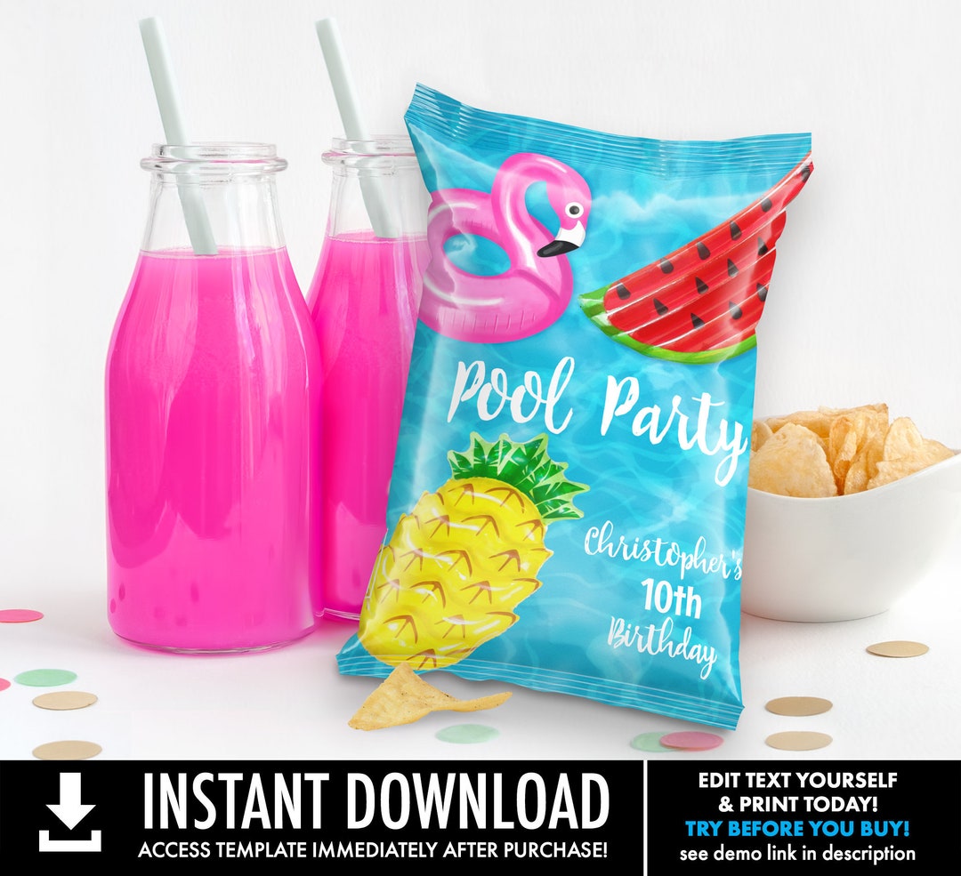 Pool Party Potato Chip Bag Wrap/label/template Snacks Bag, Loot, Mini ...