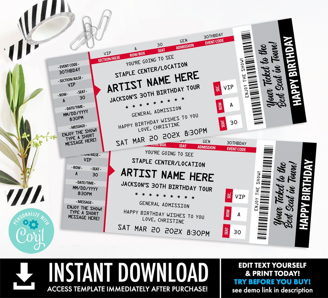 Concert Ticket Template Gift Certificate, Surprise Birthday Gift ...