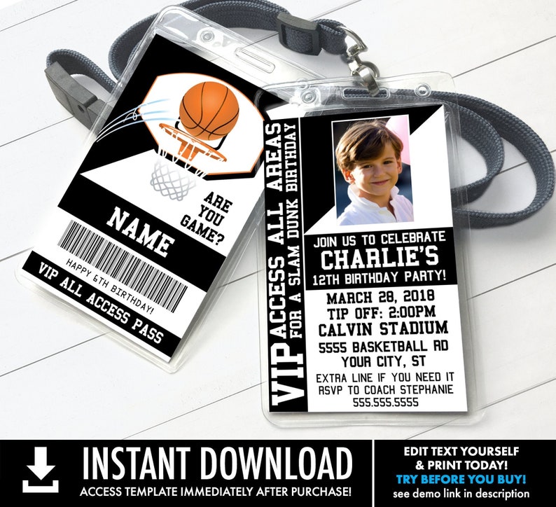 Basketball VIP ID Badge Invitation Basketball Invite Badge | Etsy