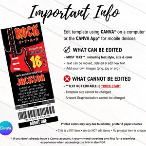 Rockstar Party Ticket Invitations, Party Like a Rockstar, Rock N Roll ...