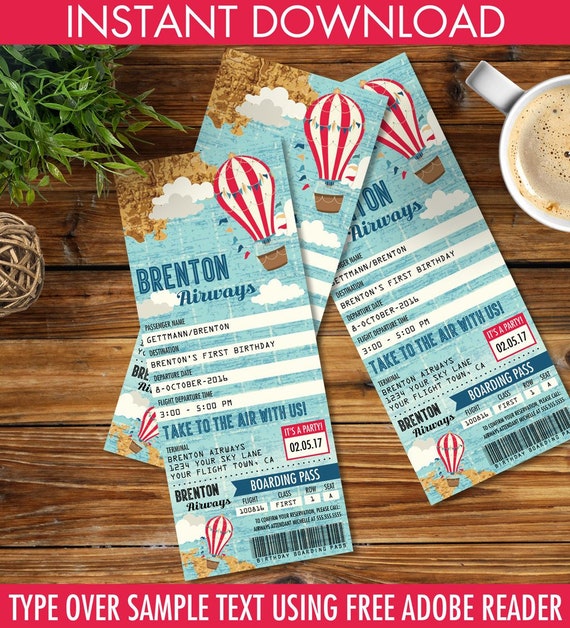 Hot Air Balloon Party TICKET Invitation , Aviator, Map Hot Air Balloon ...
