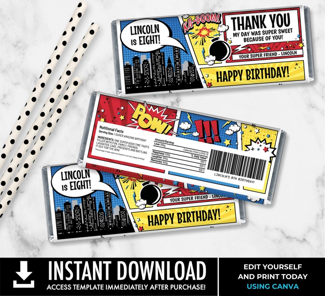 Superhero Chocolate Bar Wrapper Template, Superhero Birthday Party ...