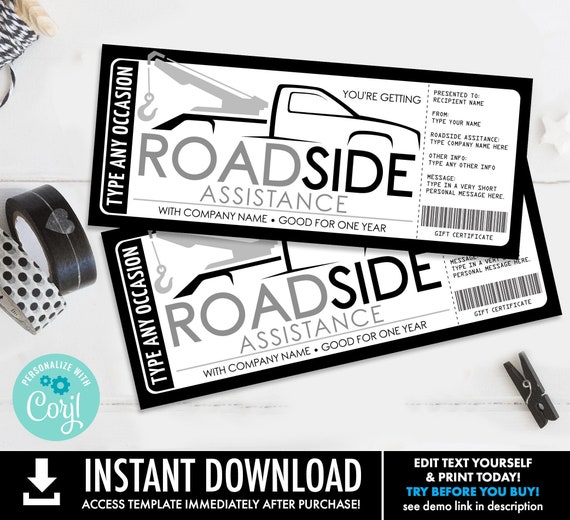 Roadside Assistance Gift Certificate, Tow Service Surprise Gift Voucher ...
