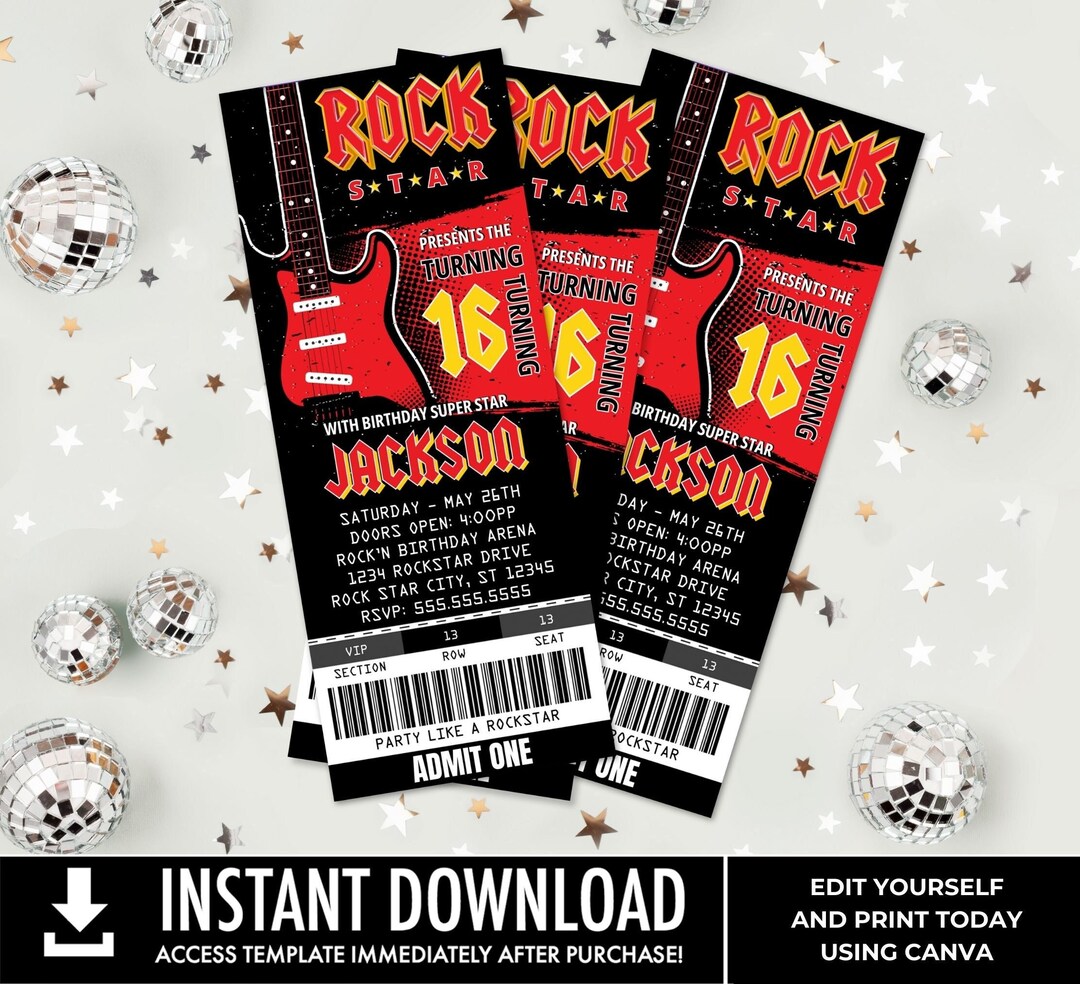 Rockstar Party Ticket Invitations, Party Like a Rockstar, Rock N Roll ...