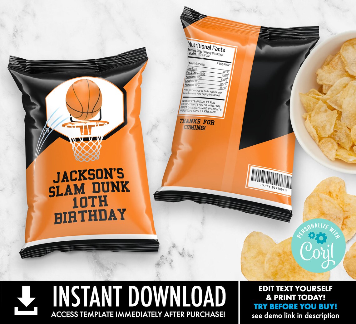 Basketball Party Chip Bag Wrap/label-treat Bag Potato Chip - Etsy