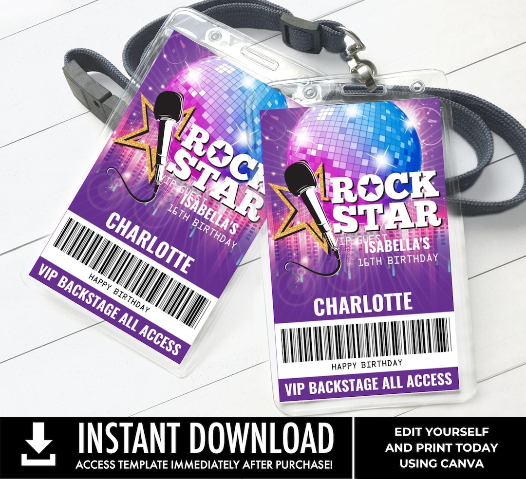 Rockstar Party VIP Badge, Party Like a Rockstar, Rock N Roll, Backstage ...