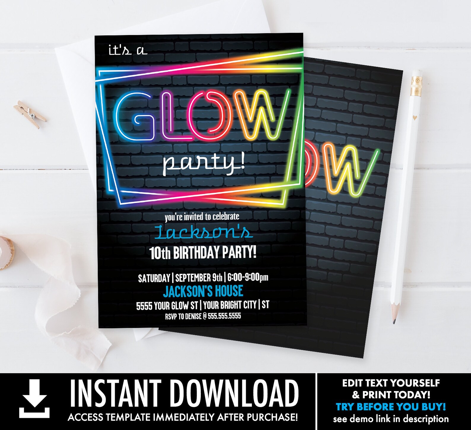 Neon Glow Party Invitation Neon Glow Birthday Glow Party | Etsy