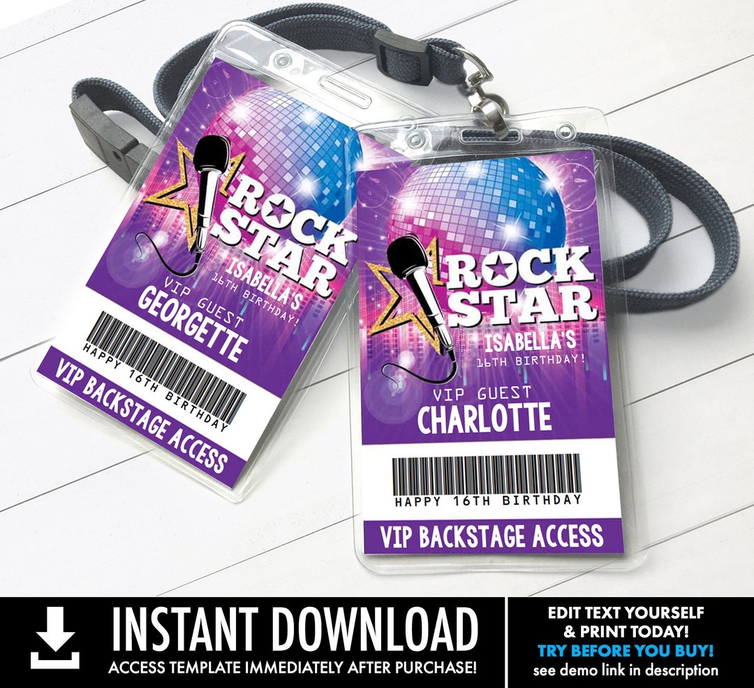 Rockstar Party VIP Badge, Party Like a Rockstar, Rock N Roll, Backstage ...