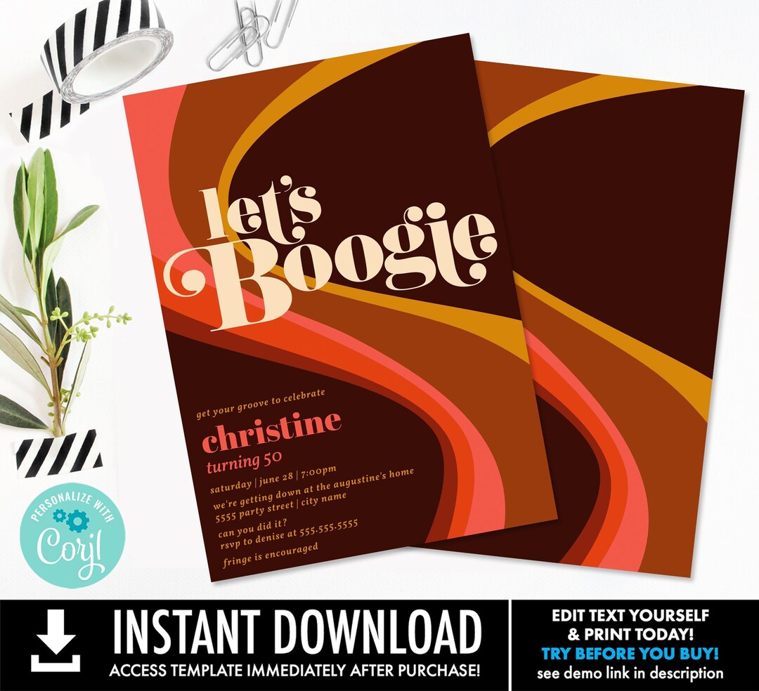 Editable 70s Let's Boogie Invite, Retro 70's Let's Get Groovy, Hippie ...