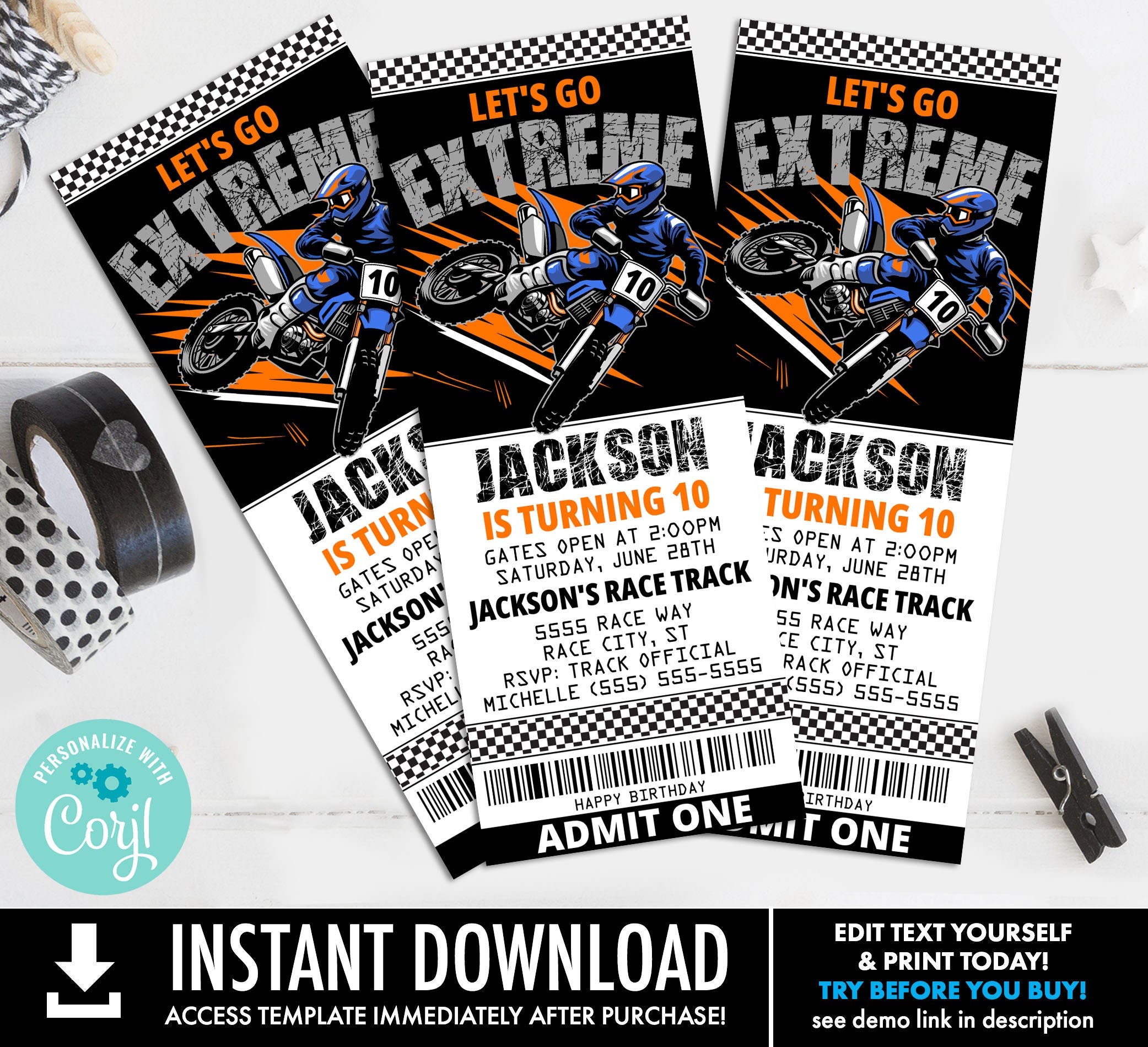 Dirt Bike Motorcycle Motorcross Birthday Party Invitations | Self-edit ...