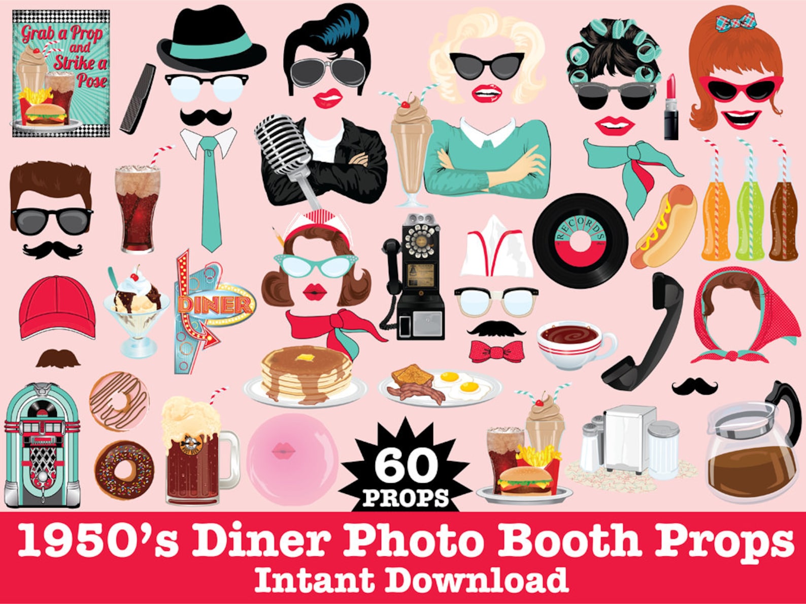 50s Photo Booth Props, Diner Party, Fifties Party, Rock N Roll Party ...