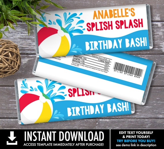 Pool Party Candy Bar Wrapper - Candy Bar Label, Birthday Party Favors ...