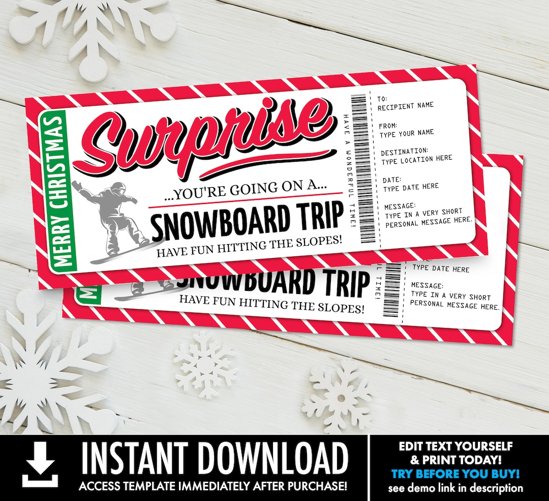 Christmas Snowboarding Trip Ticket Surprise Gift Voucher, Ski Holiday ...