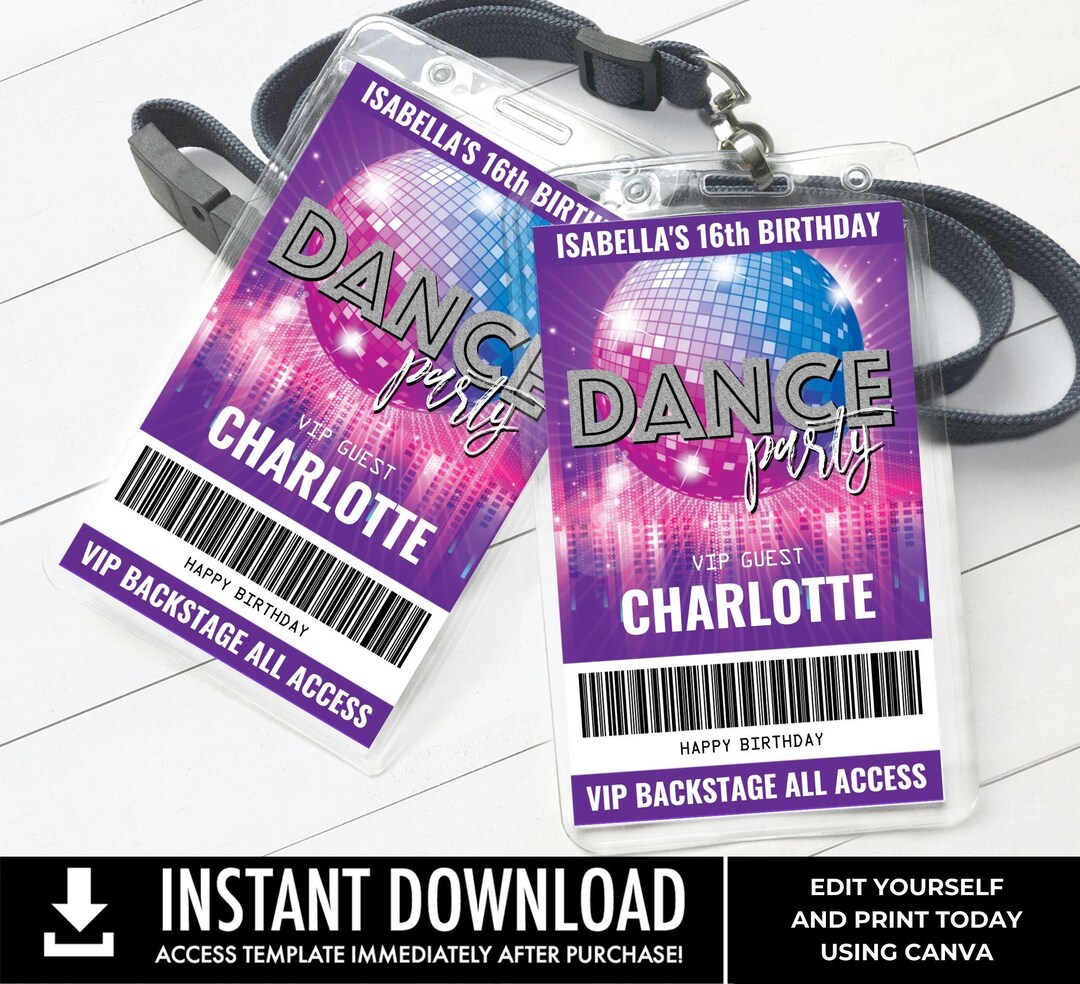 Dance Party VIP Badge, Disco Dance Party, Rock N Roll Party, All Access ...