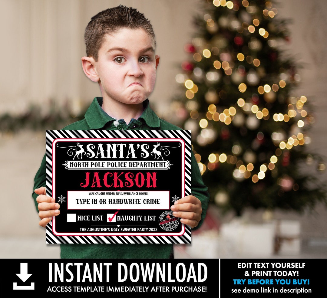 Christmas Mugshot - Photo Booth Prop, Santa's Naughty Mugshot,elf ...