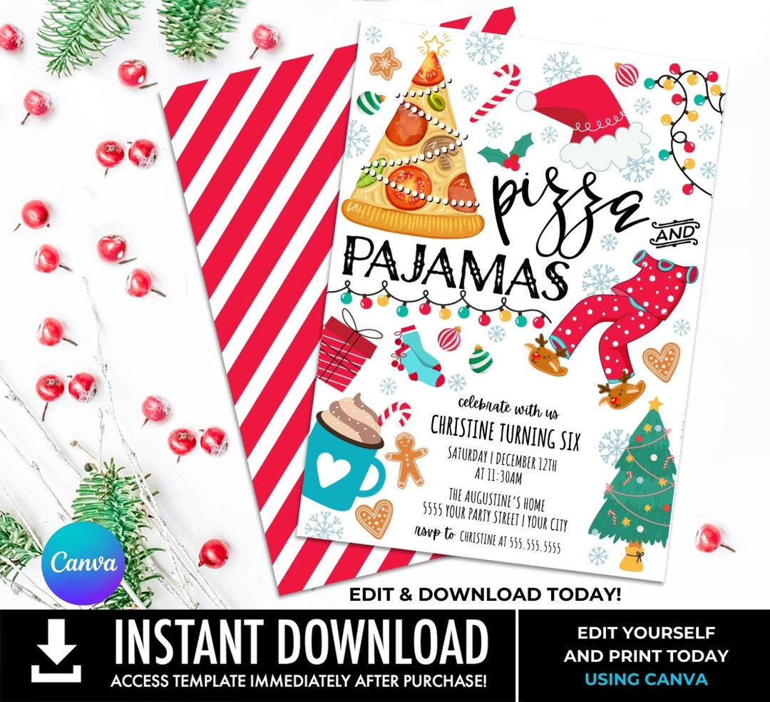 Pizza and Pajamas Birthday Invitation, Christmas Pizza & Pajama ...