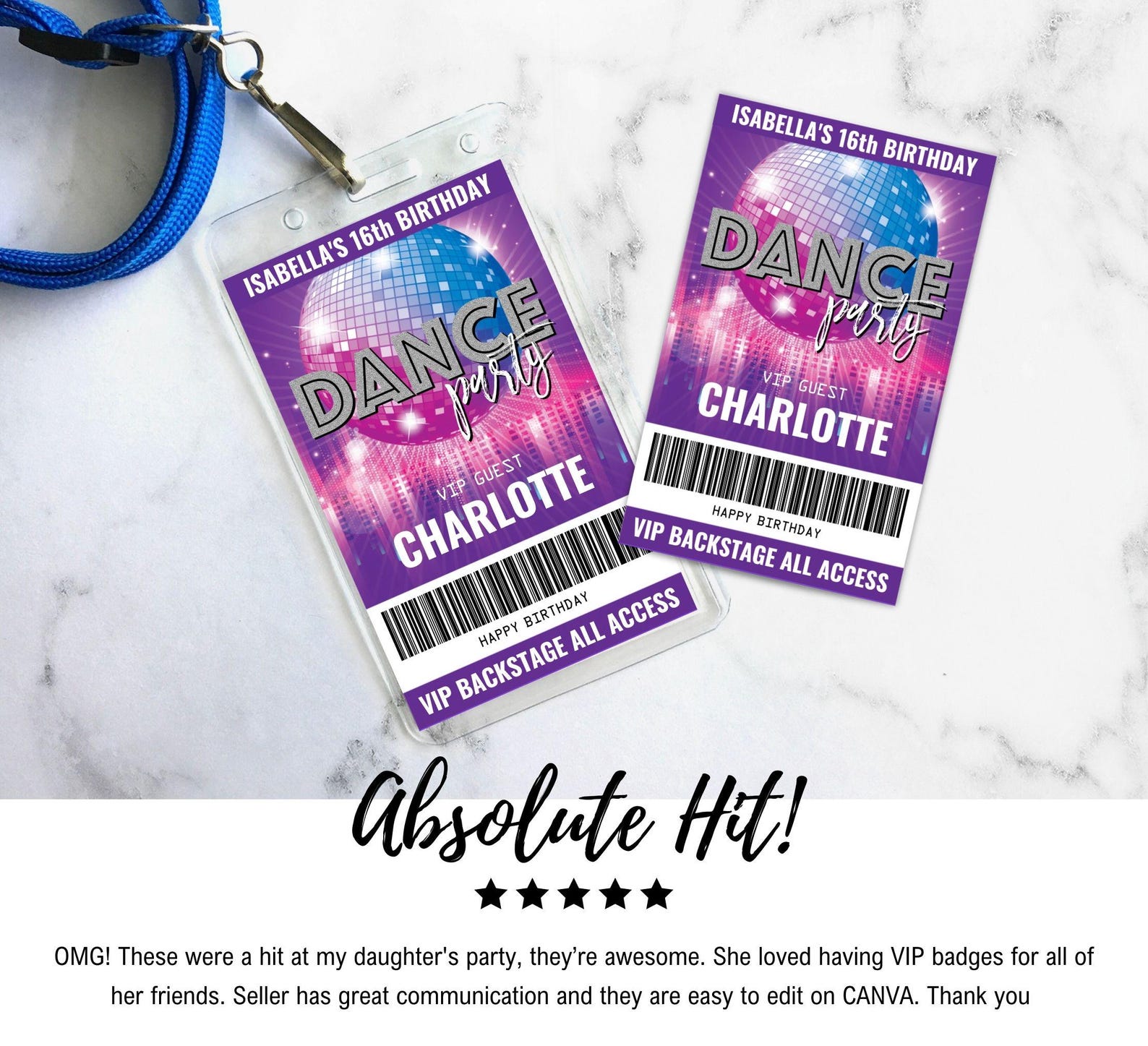 Dance Party VIP Badge, Disco Dance Party, Rock N Roll Party, All Access ...