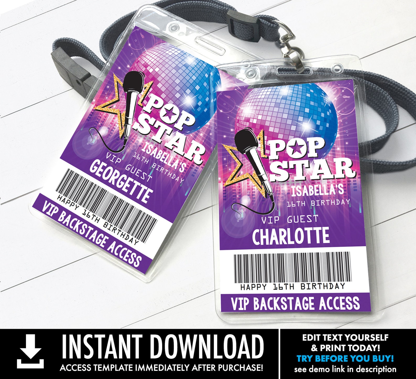 Pop Star Party VIP Badge Party Like a Pop Star Rock N Roll - Etsy