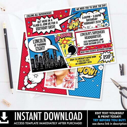 Comic Book Invitation Superhero Birthday Invitation Instant - Etsy