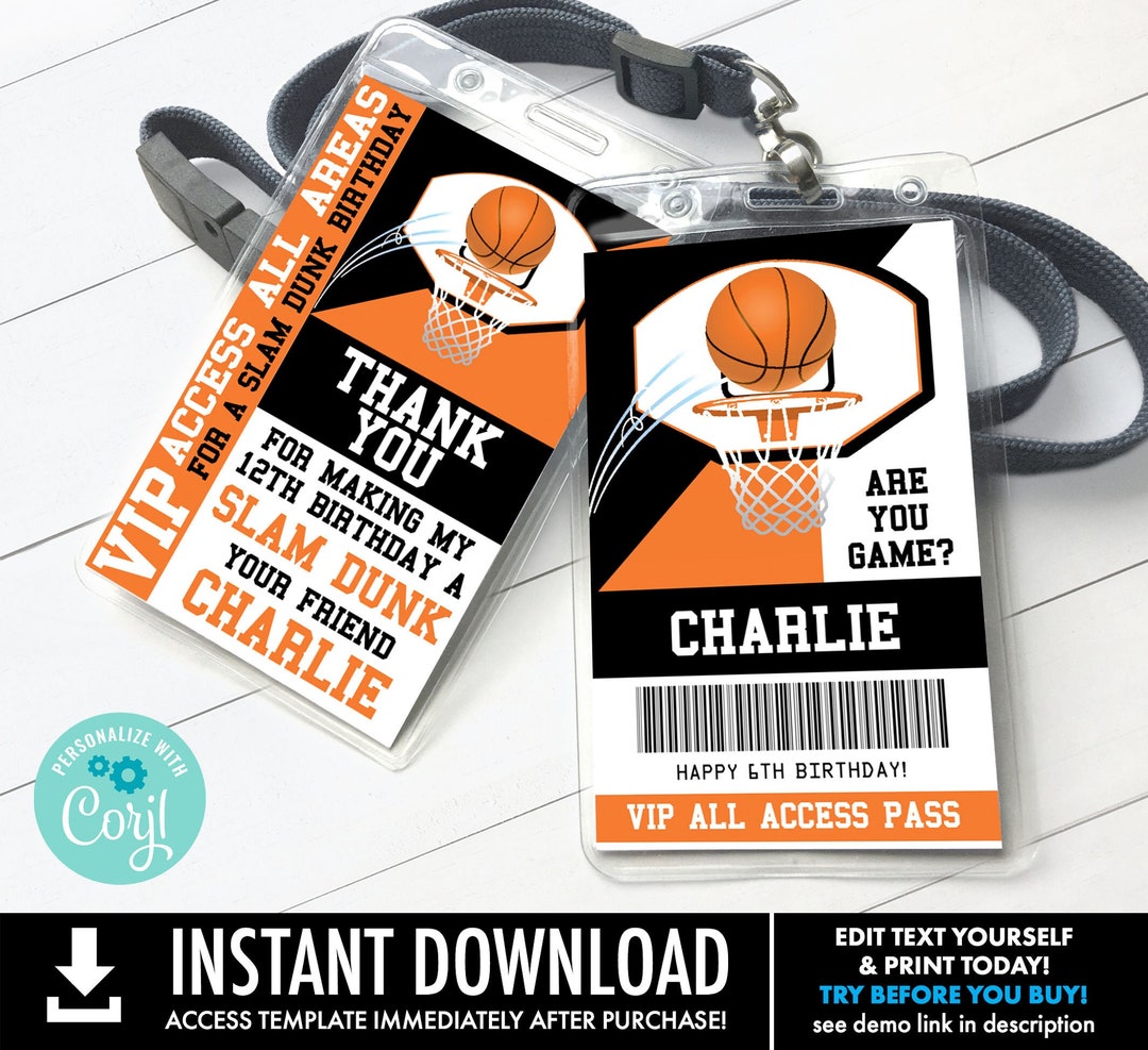 Basketball VIP ID Badge Thank You - Basketball Invite Badge, All Star ...