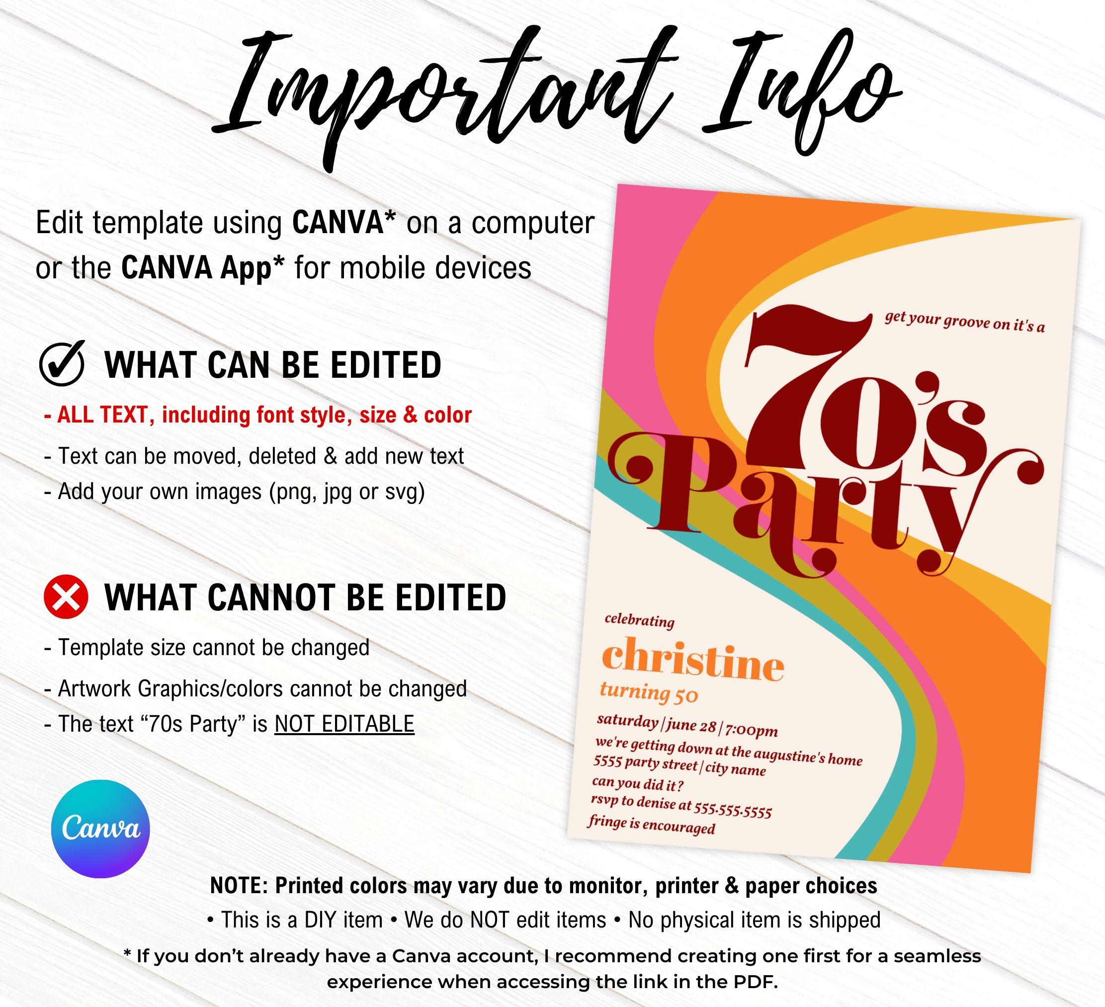 Editable 70s Get Your Groove on Invite, Retro 70's Let's Get Groovy ...