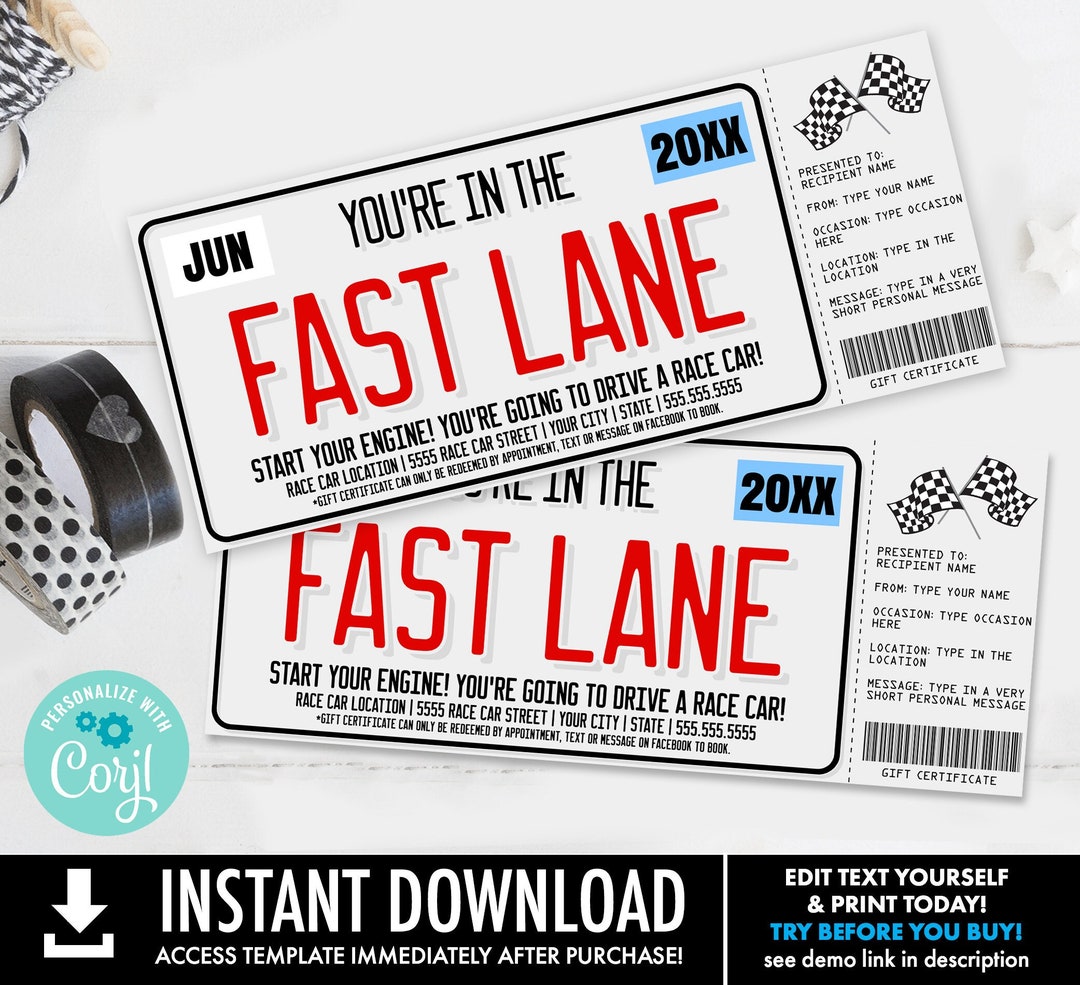 Race Car Surprise Ticket Gift Voucher, License Plate Voucher, Fast Lane ...