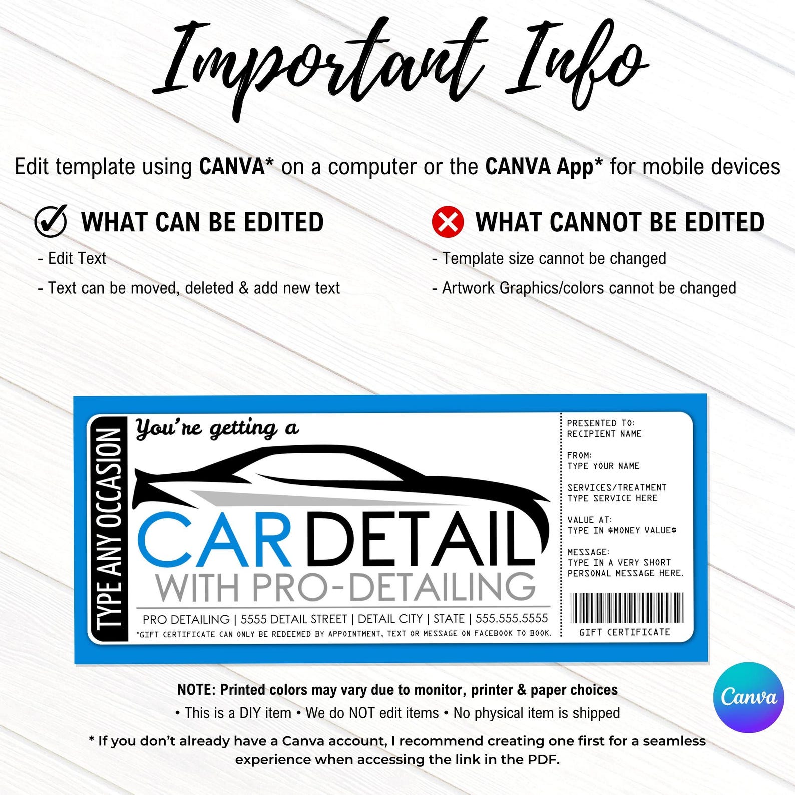 Car Detailing Gift Certificate, Car Detail Surprise Gift Voucher, Last ...