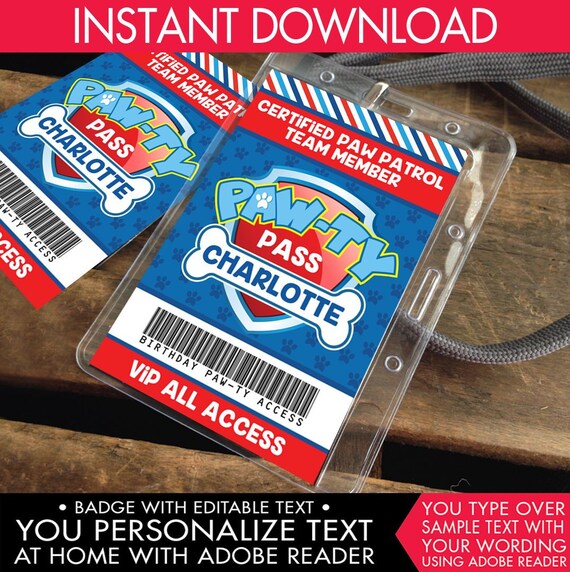 Paw-ty Pass ID Badges - Paw V.I.P. Access Pass, Dog Birthday, Party ...