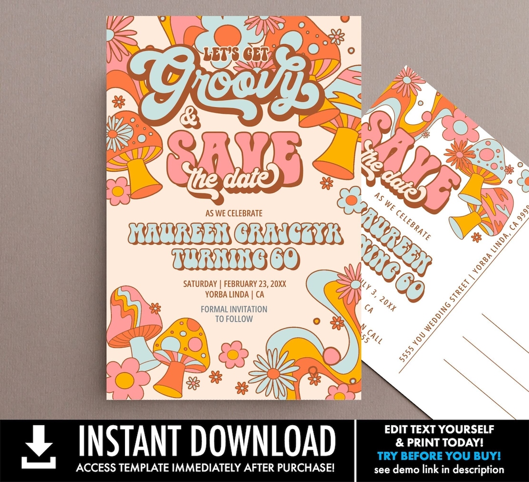 Retro Let's Get Groovy Party Save the Date, Retro Birthday Save the ...