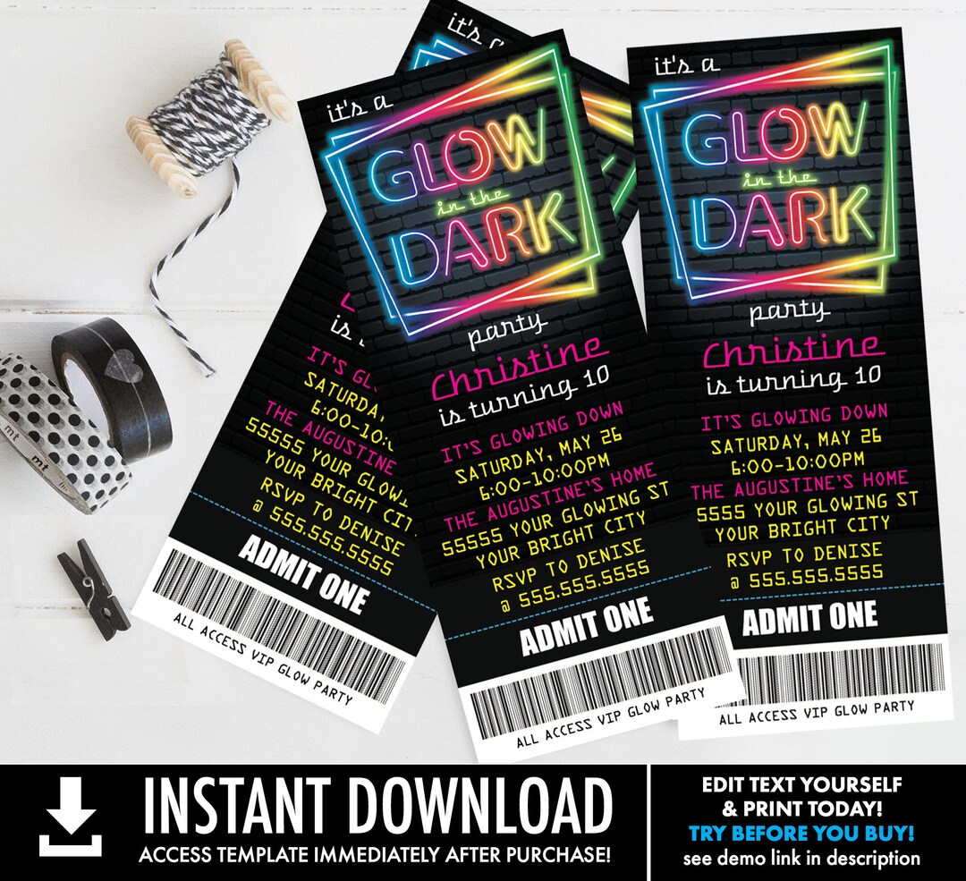 Neon Glow Party Ticket Invitation - Neon Glow Birthday, Glow Party ...