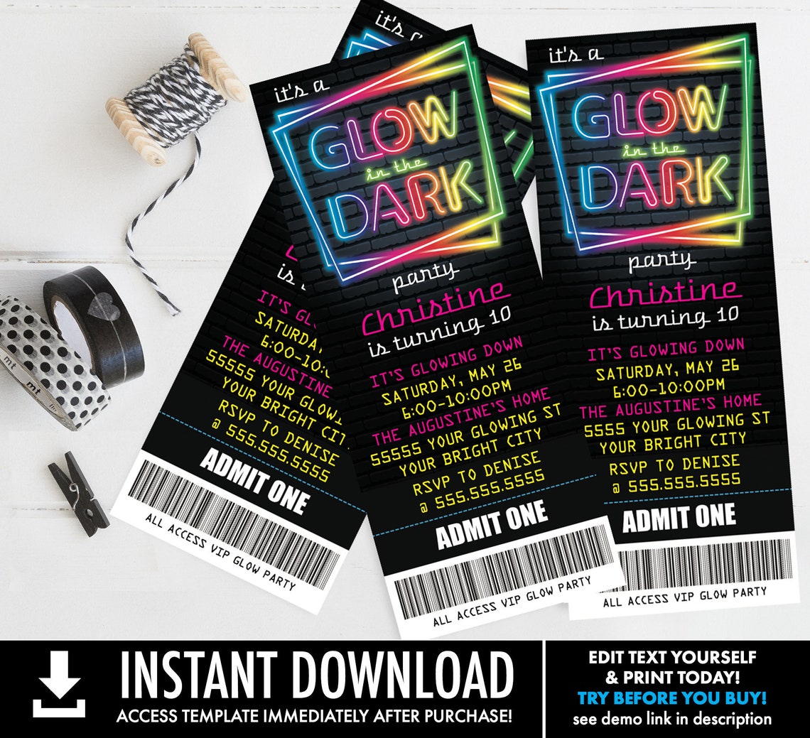 Neon Glow Party Ticket Invitation Neon Glow Birthday Glow | Etsy