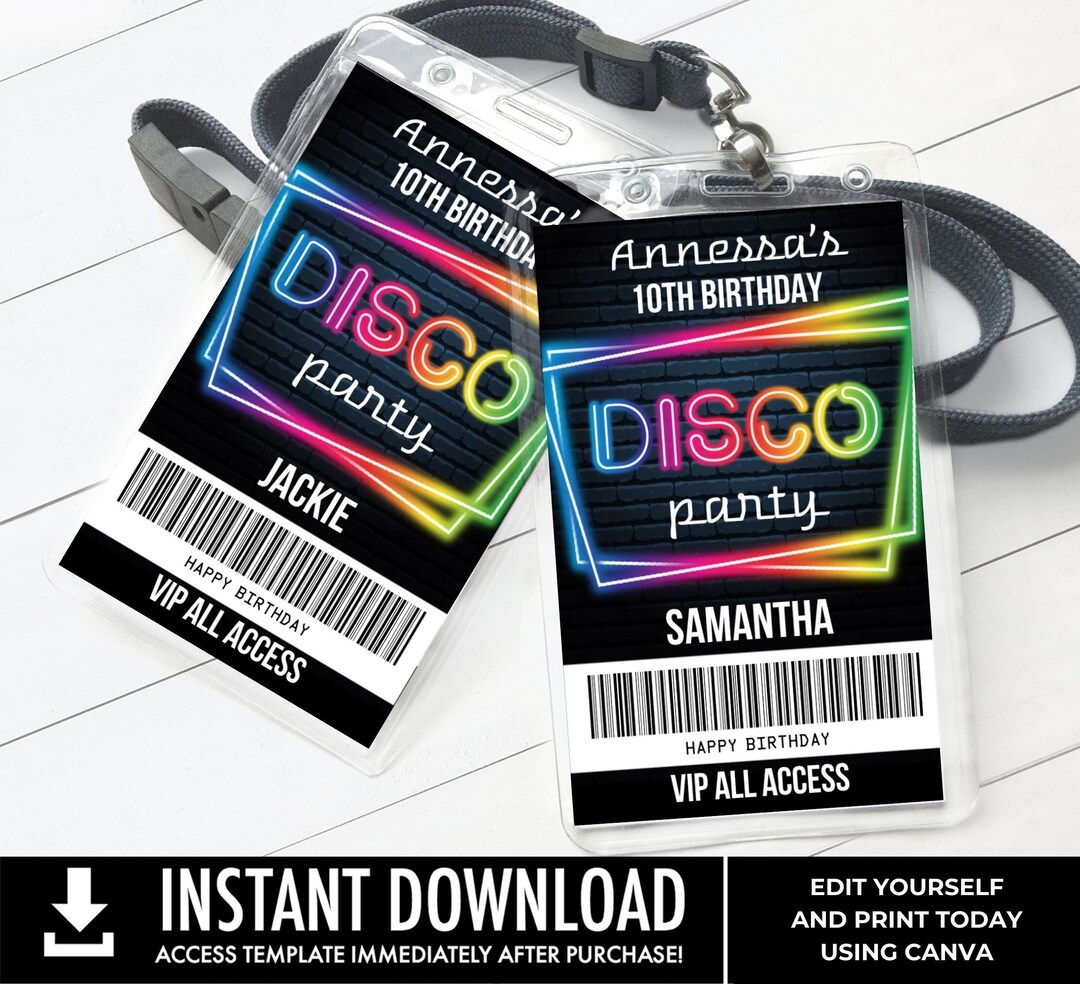 Disco Party VIP Badge, Disco Theme, Disco Party All Access Pass | Edit ...