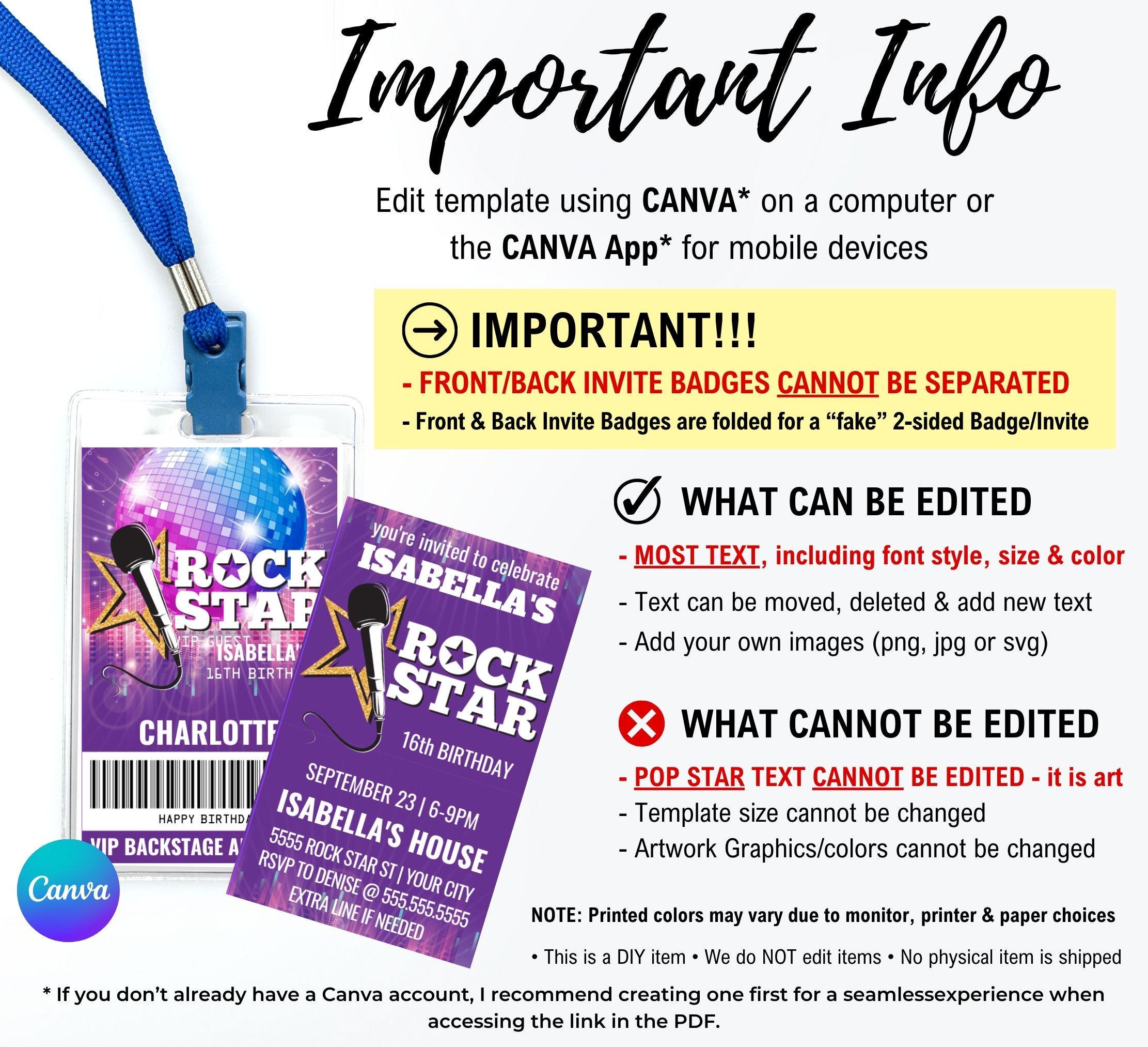 Rock Star Party VIP Badge Invitation, Party Like a Pop Star, Rock N ...