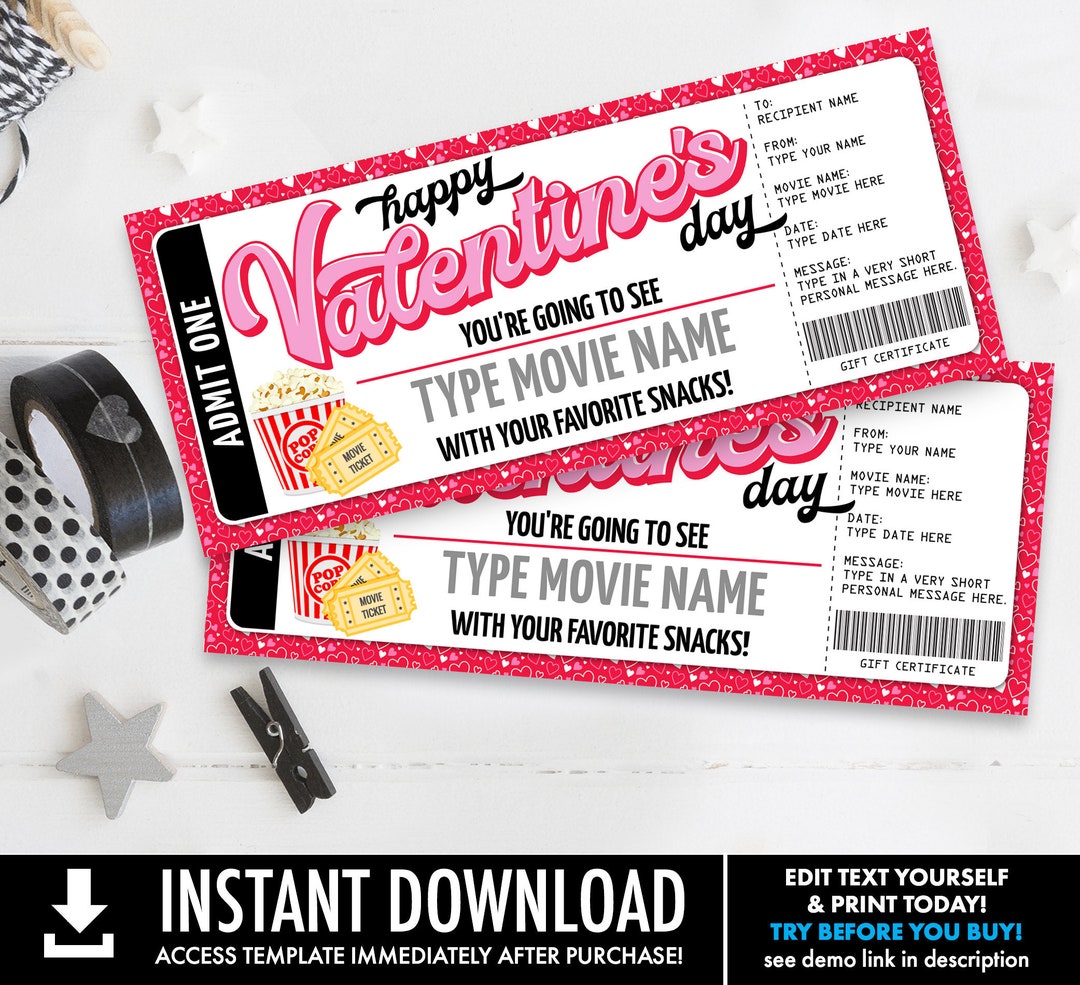 Valentine Movie Ticket Gift Certificate, Movie Night Surprise Surprise ...