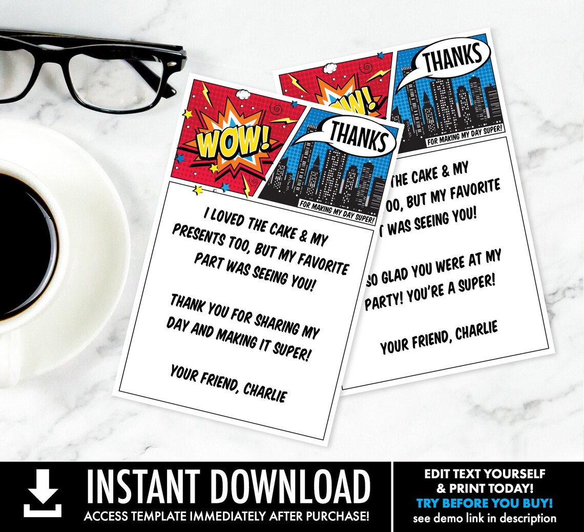 Superhero Thank You Card Superhero Birthday Party Comic - Etsy