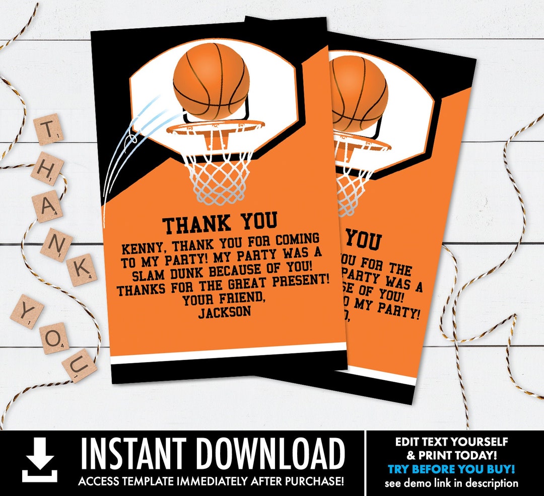 Basketball Thank You Note Basketball Party, Basketball Birthday,thank ...