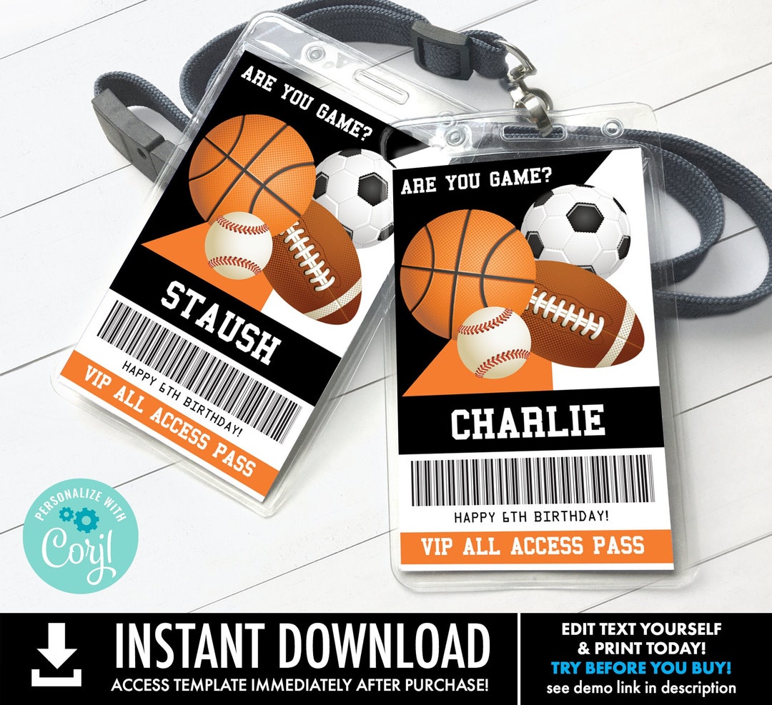 Sports All Star ID Badge, Sports Party, Sports VIP All Access Pass ...