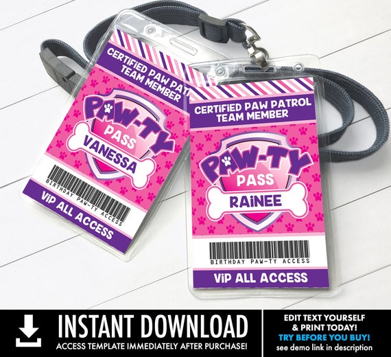 Paw-ty Pass VIP All Access Pass/ Badge, Dog Birthday, Party Favor, I.D ...