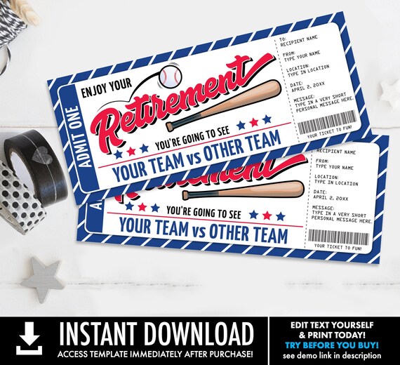 Retirement Baseball Ticket Gift Editable Template - Surprise Baseball ...