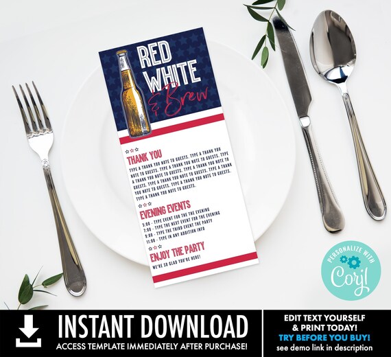 Red White & Brew 4x9 Itinerary/Menu, 4th Of July Program, Menu ...