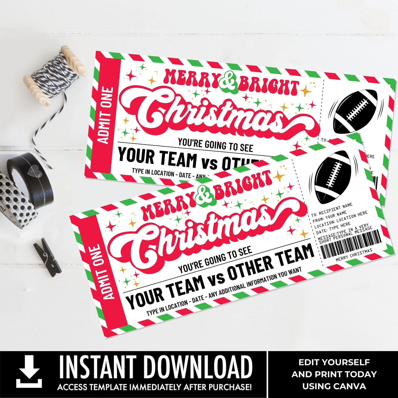 Christmas Football Ticket Gift Certificate, Football Gift Voucher,merry ...
