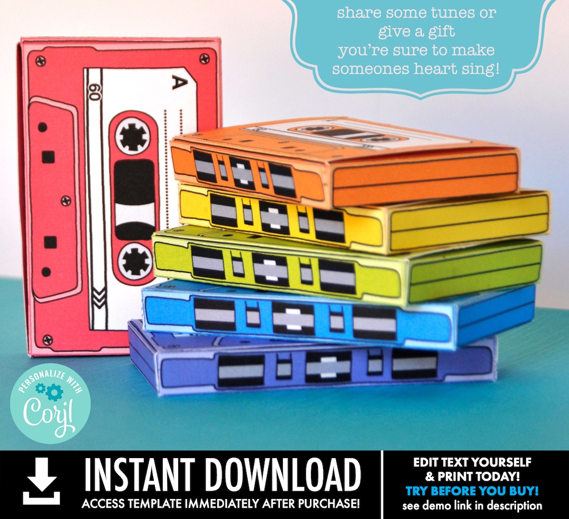 Cassette Tape Box 7 EDITABLE Boxes Gift Card Holder Party - Etsy
