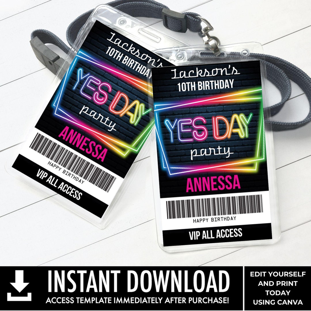 Yes Day Birthday Glow Party VIP Badge, Yes Day Party, Neon Glow Party ...