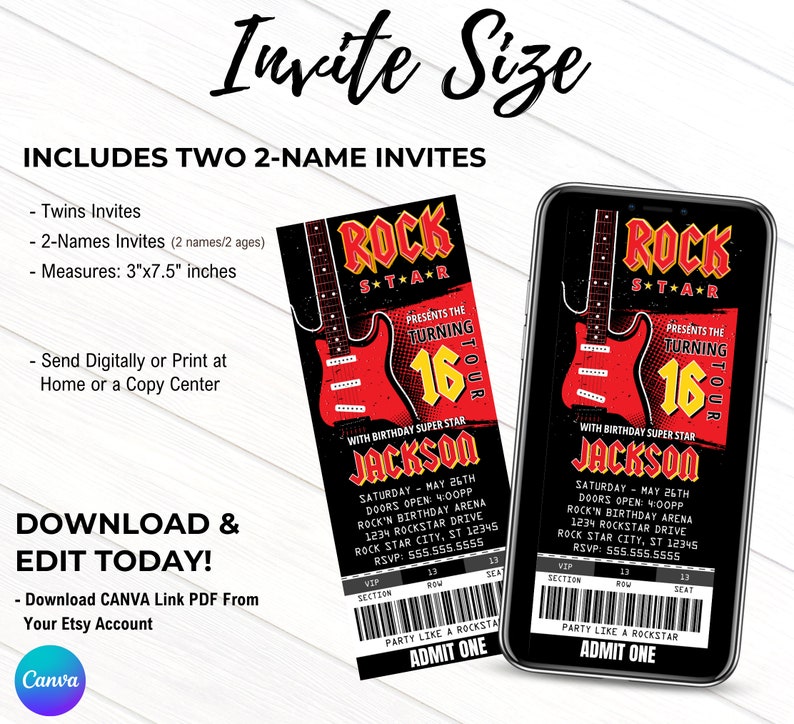 Rockstar Party Ticket Invitations, Party Like a Rockstar, Rock N Roll ...