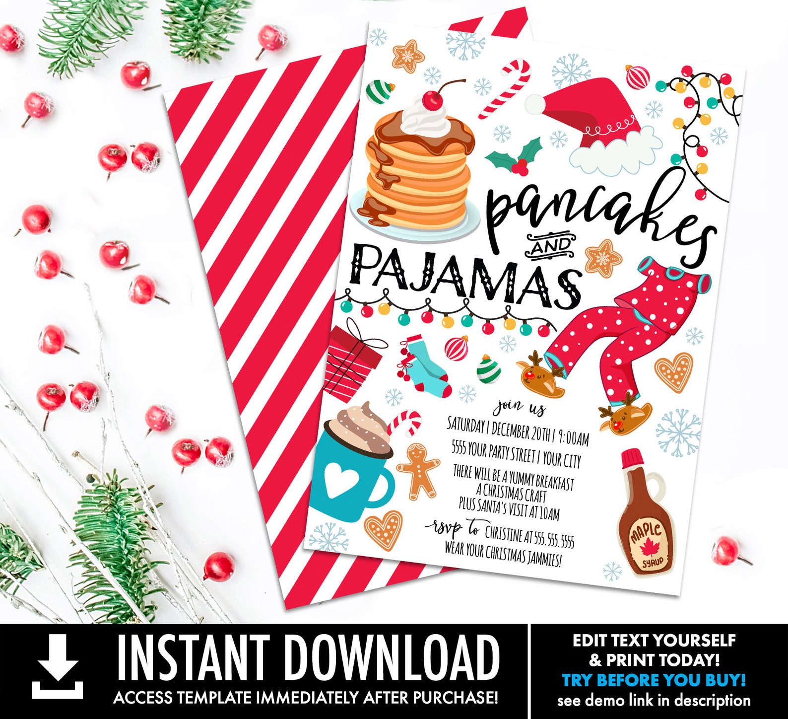 Pancakes and Pajamas Invitation Christmas Breakfast Party - Etsy