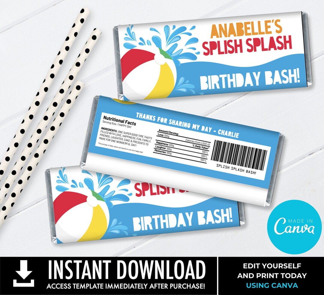 Pool Party Candy Bar Wrapper - Candy Bar Label, Birthday Party Favors ...